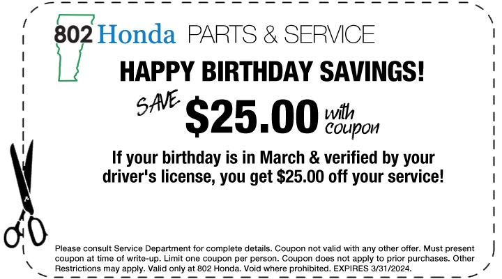 Honda Service and Parts Coupons | 802 Honda