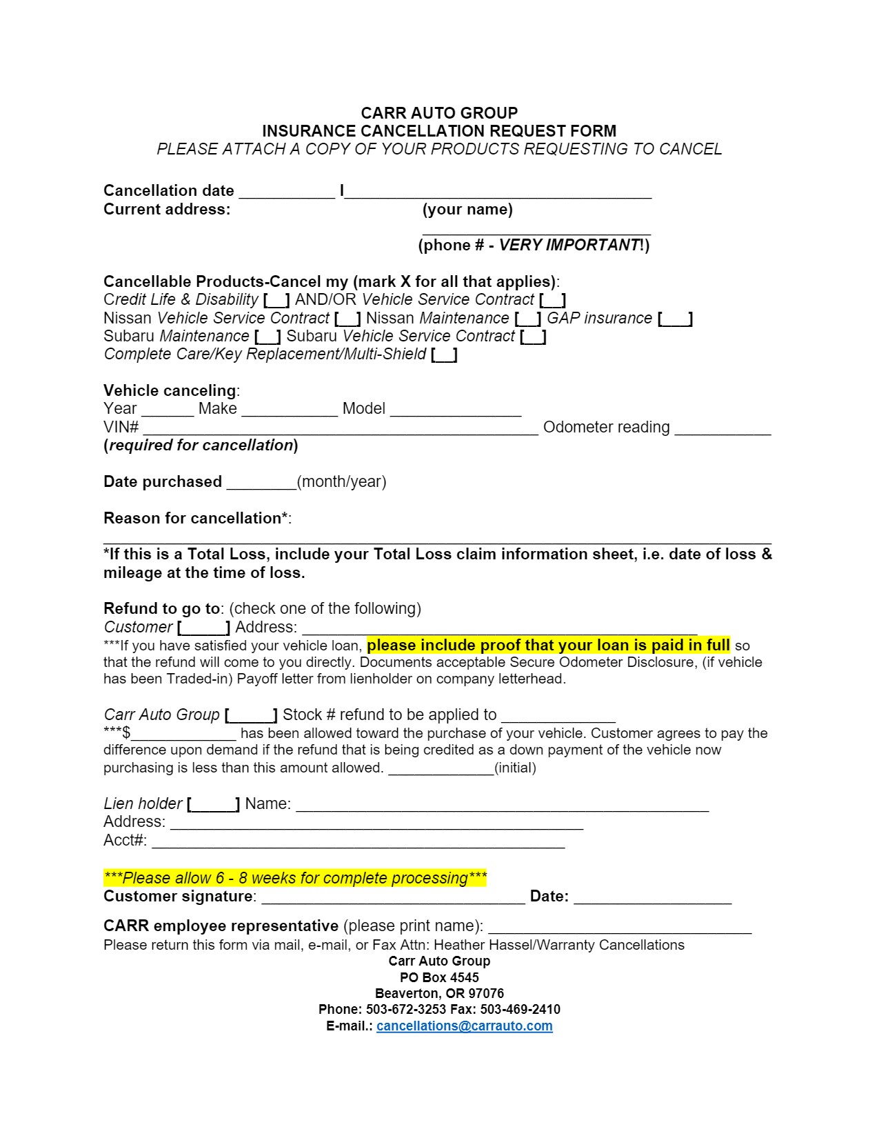 Product Cancellation | Carr Auto Group
