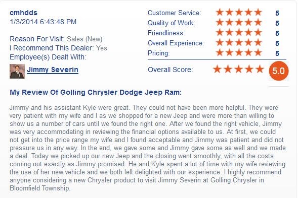 Testimonials | Golling CDJR | Bloomfield & Birmingham, MI