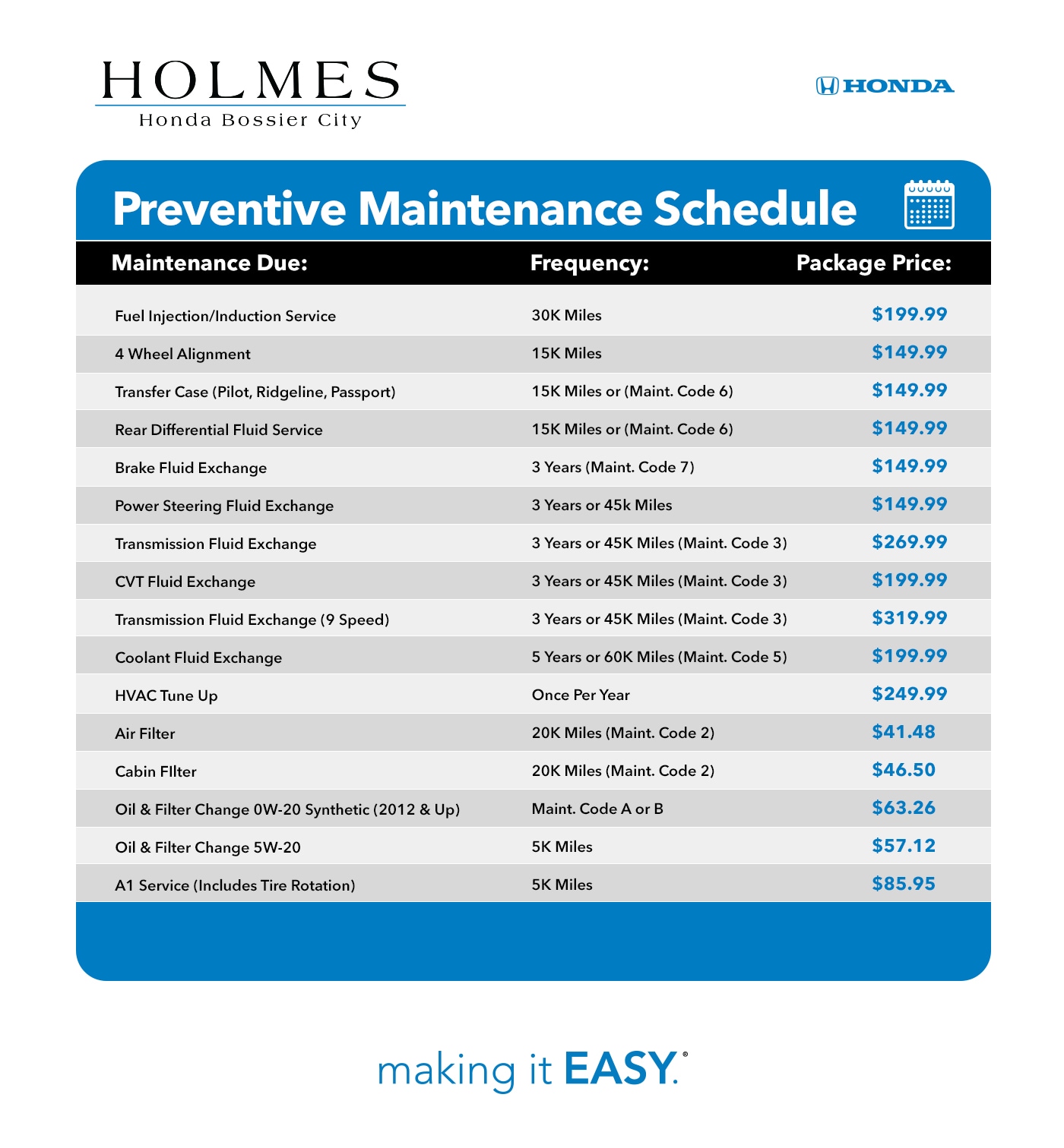 Honda Maintenance Schedule - Holmes Honda Bossier City