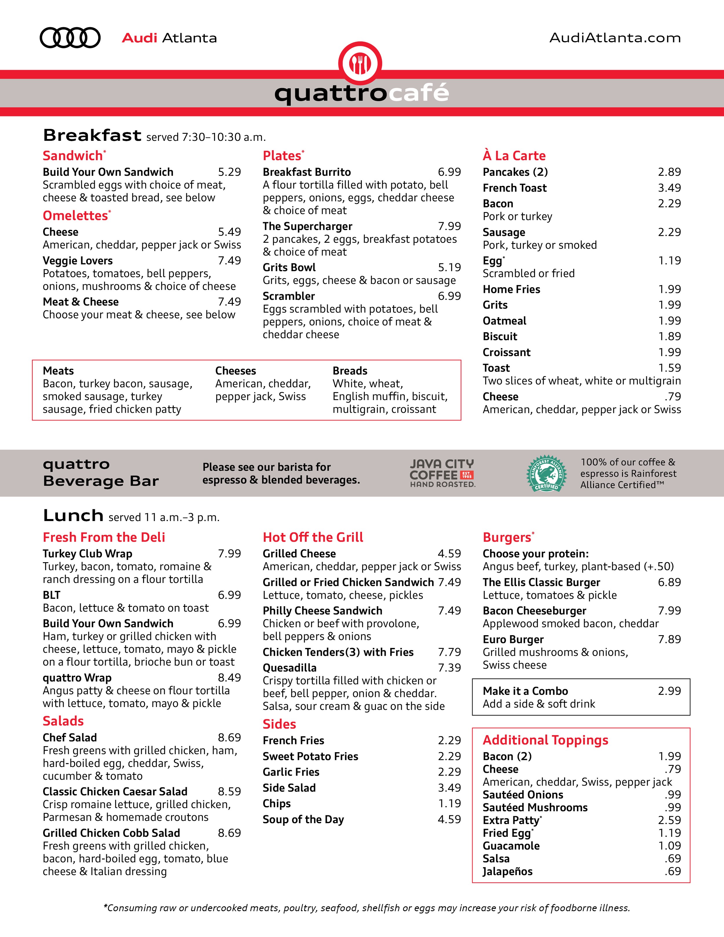 Quattro Cafe Menu | Audi Atlanta