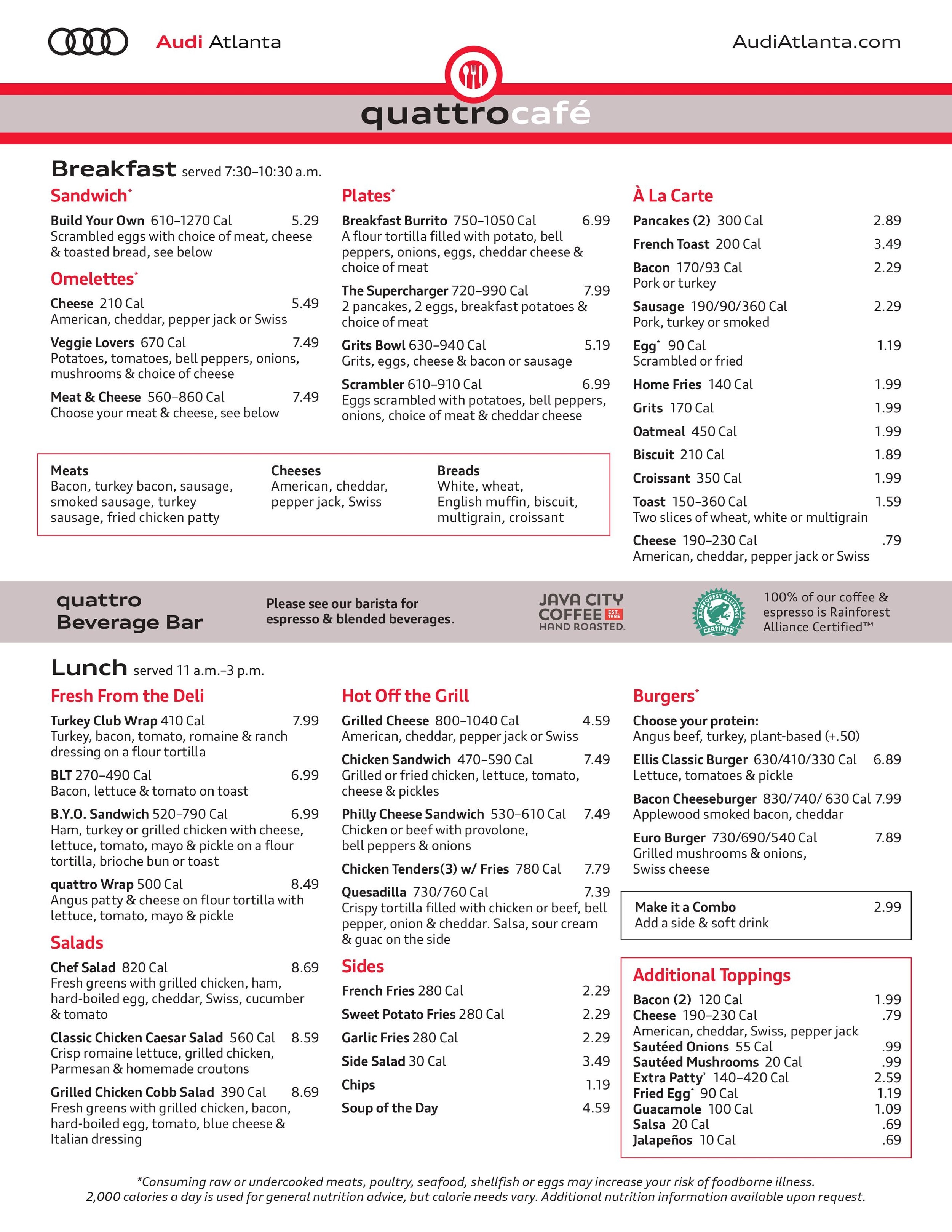 Quattro Cafe Menu | Audi Atlanta