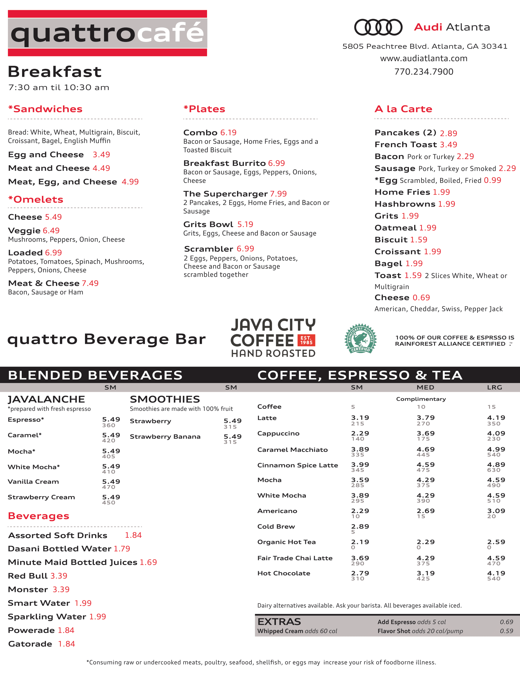 Quattro Cafe Menu | Audi Atlanta