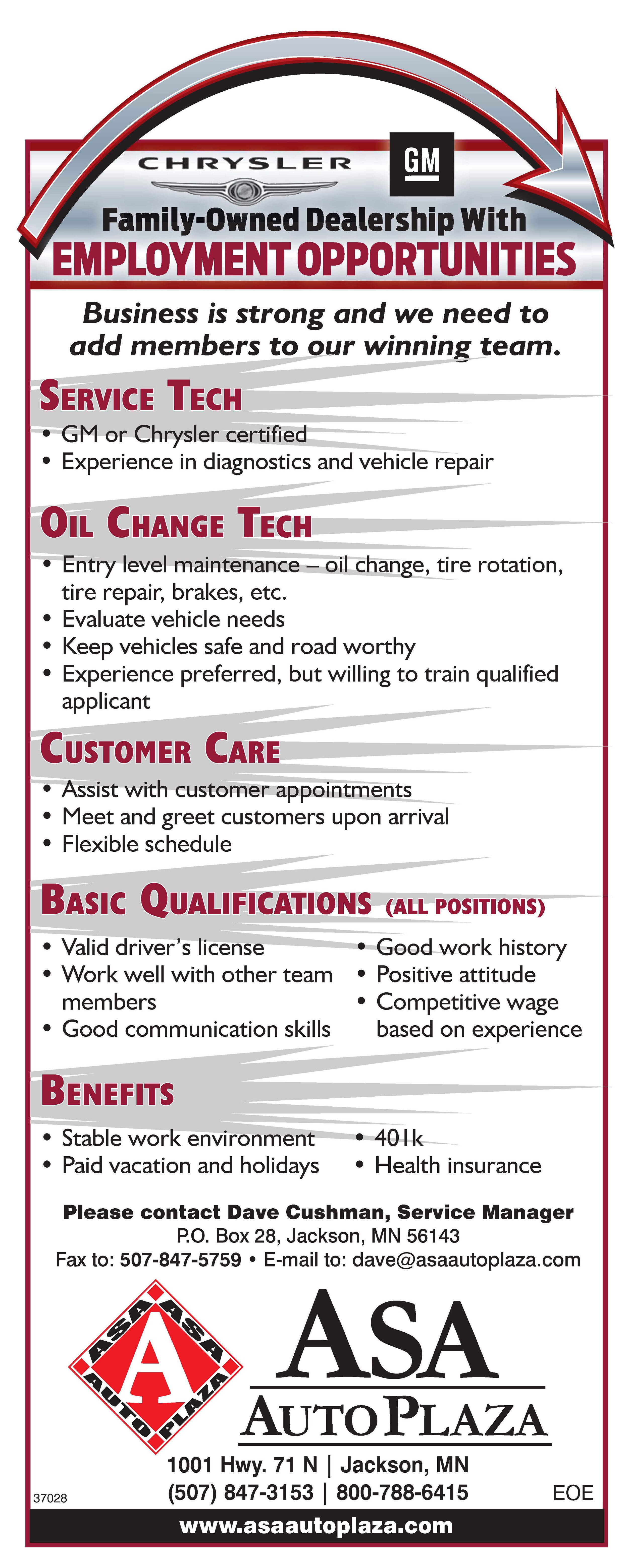 Employment Opportunities | Asa Auto Plaza