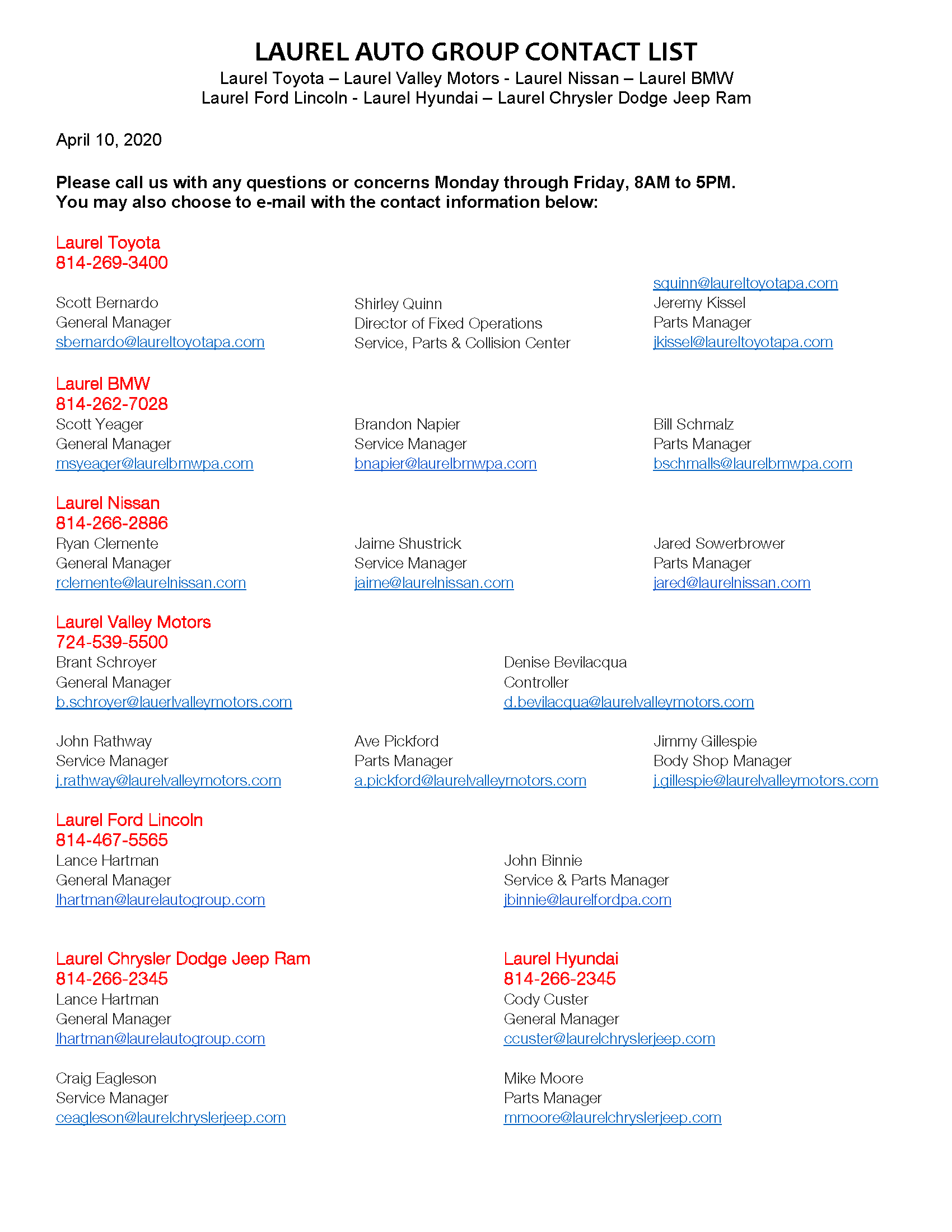 Contacts By Location | Laurel Auto Group