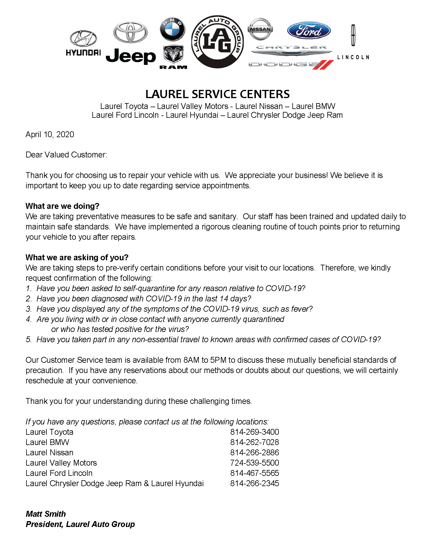 service letter 032020 steps | Laurel Auto Group