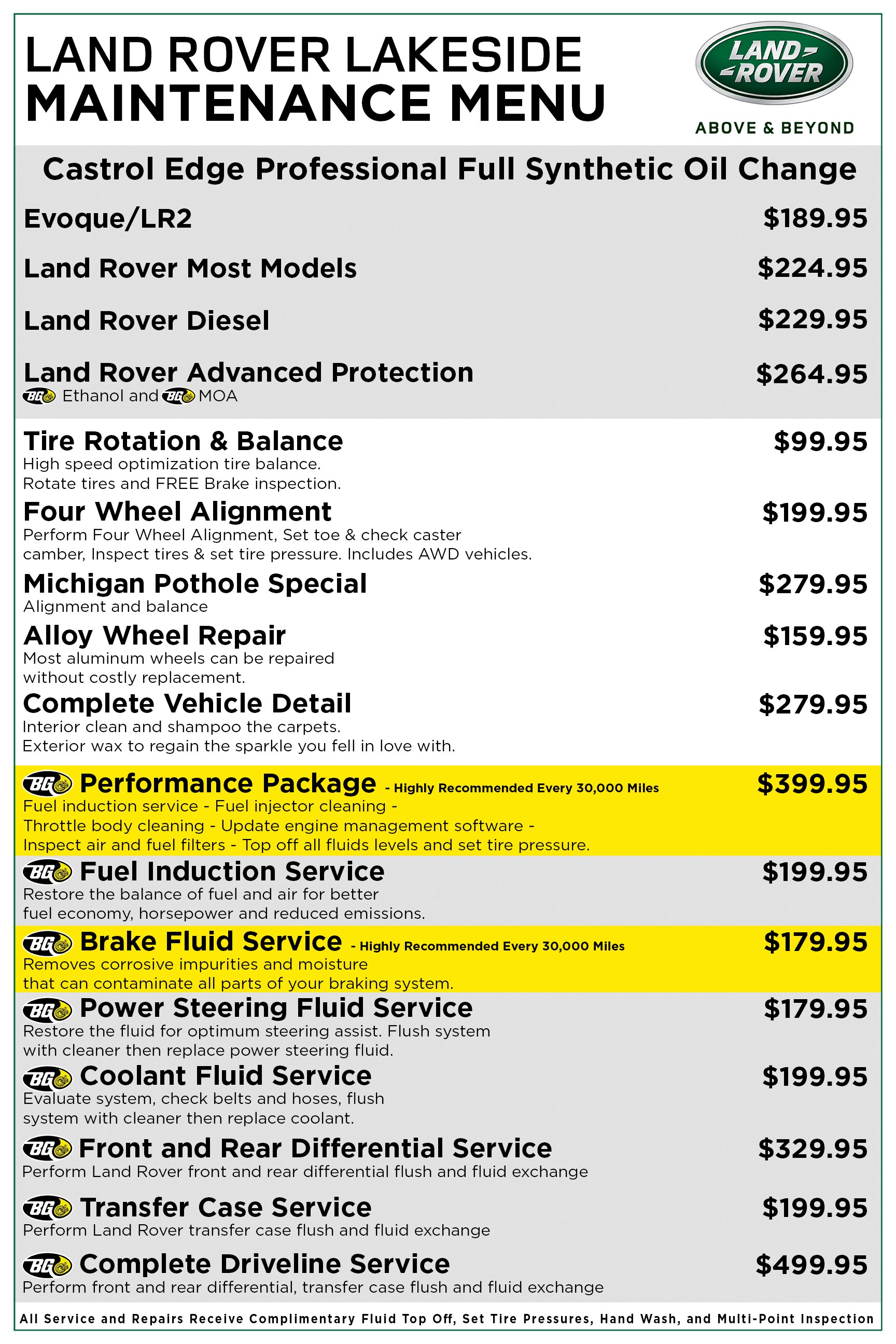 Maintenance Menu Pricing | Land Rover Lakeside