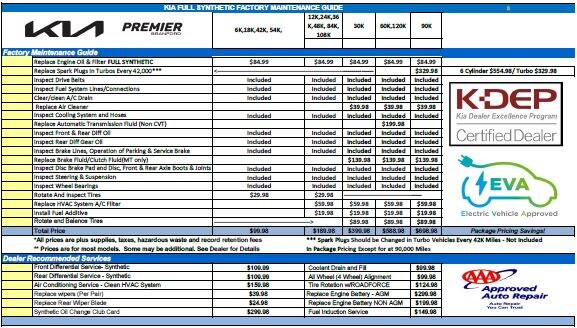 Premier Kia Service menu | Premier Kia